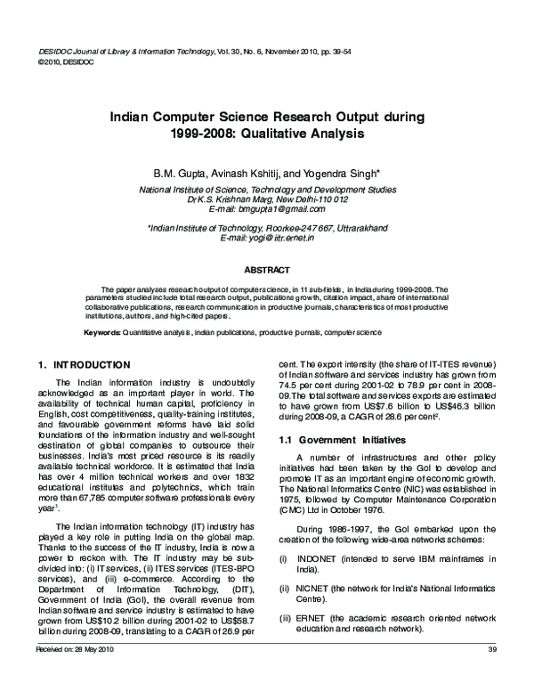 (PDF) Indian Computer Science Research Output during 1999-2008: Qualitative Analysis