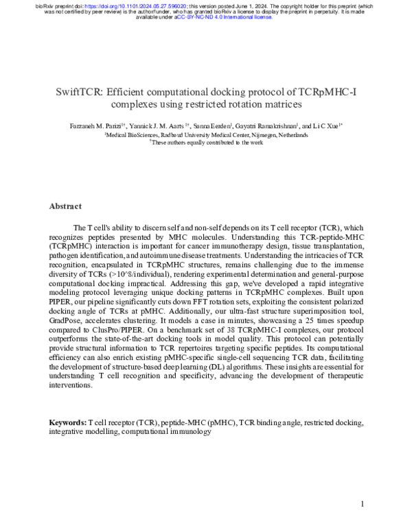 (PDF) SwiftTCR: Efficient Computational Docking protocol of TCRpMHC-I Complexes Using Restricted ...