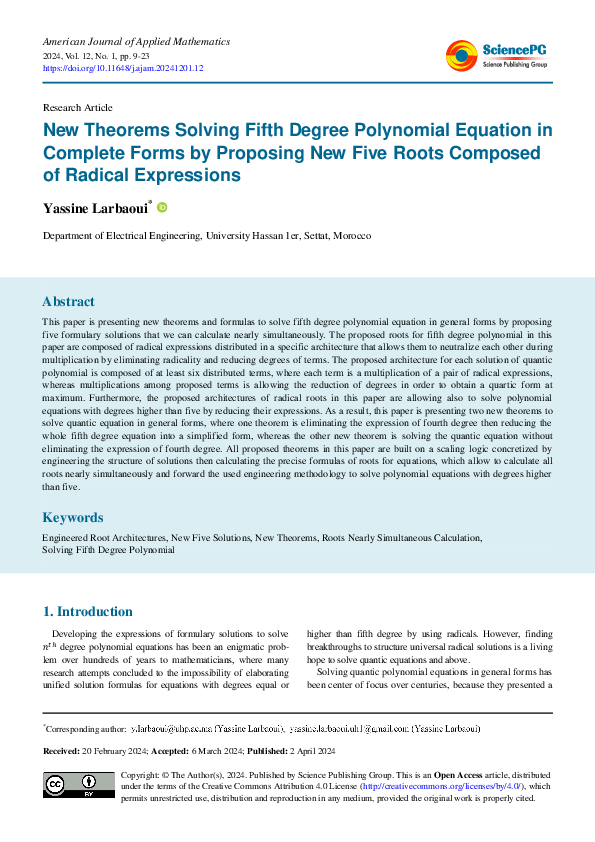 (PDF) New Theorems Solving Fifth Degree Polynomial Equation in Complete Forms by Proposing New ...