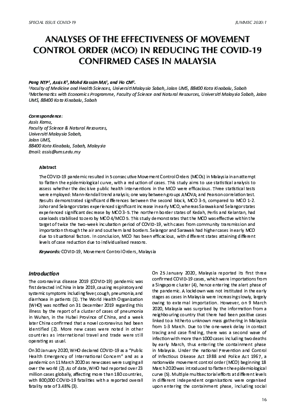 (PDF) Analyses of the Effectiveness of Movement Control Order (McO) in ...