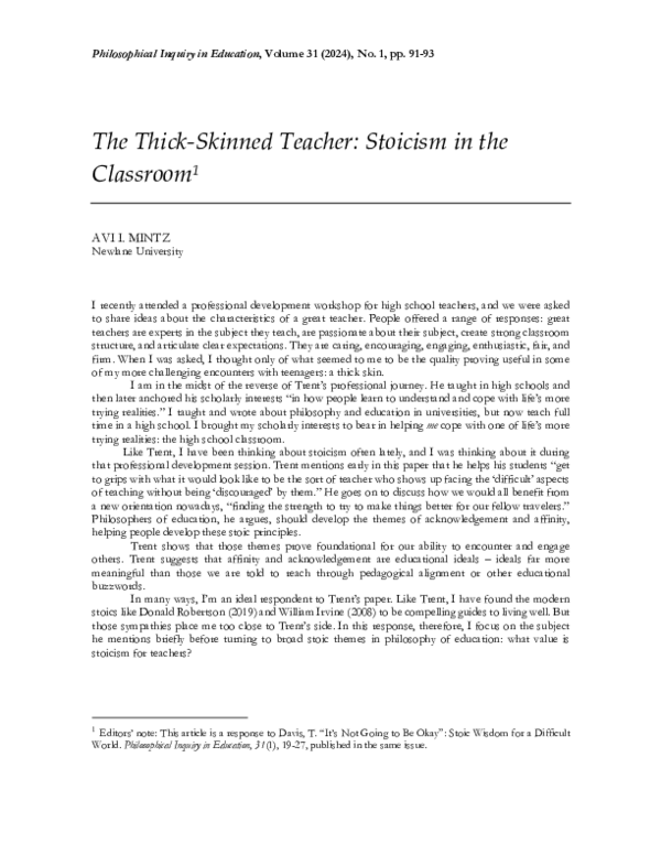 (PDF) The Thick-Skinned Teacher: Stoicism in the Classroom