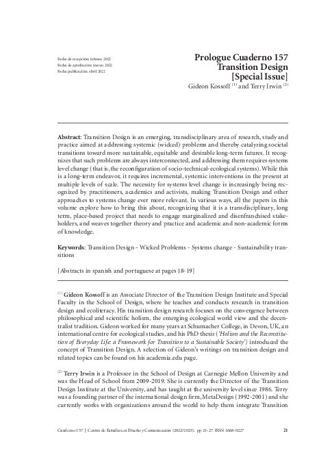 Prologue Cuaderno 157 Transition Design [Special Issue]