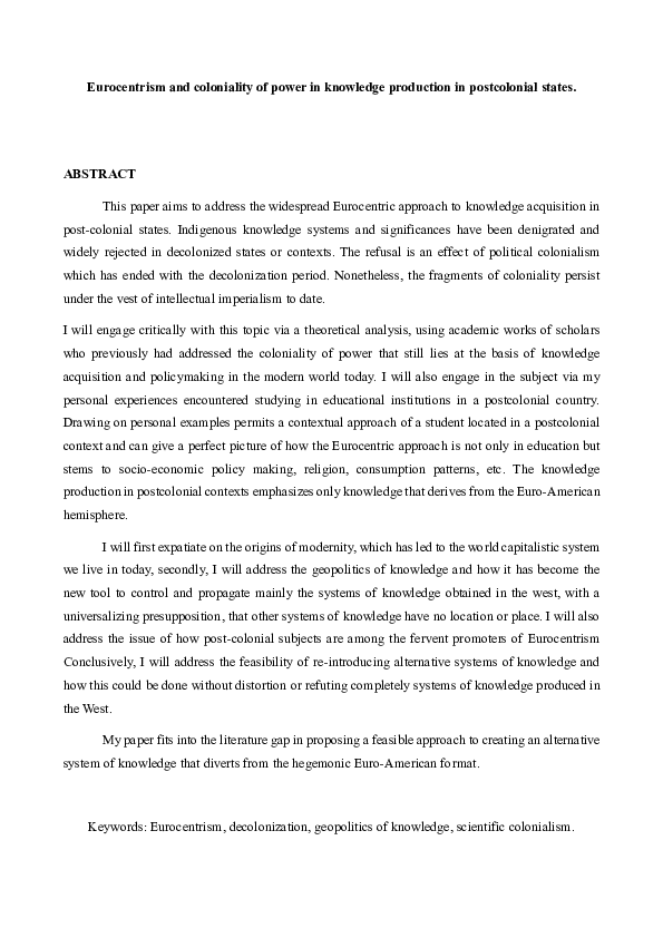 (PDF) Eurocentrism and coloniality of power in knowledge production in ...