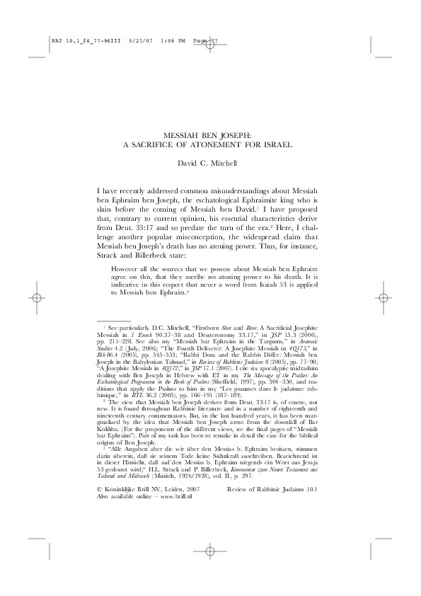(PDF) Messiah Ben Joseph: A Sacrifice Of Atonement For Israel