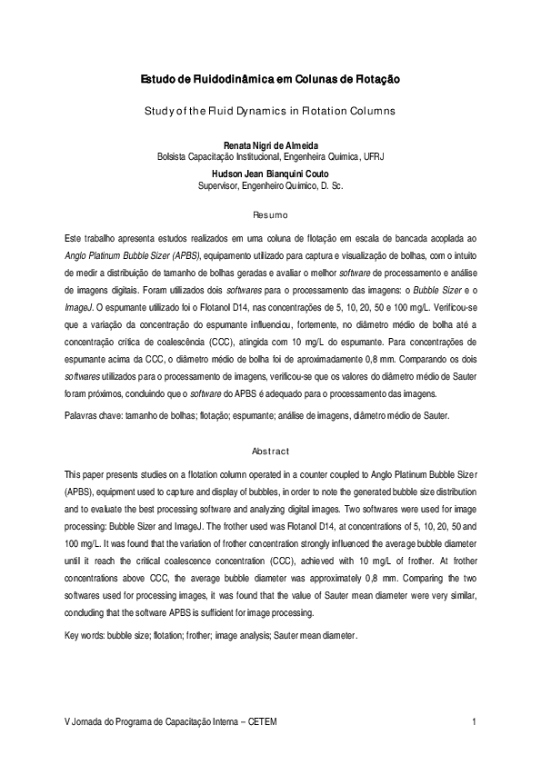 (PDF) Estudo de fluidodinâmica em colunas de flotação