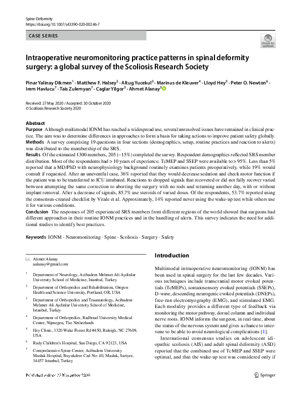 (PDF) Intraoperative neuromonitoring practice patterns in spinal deformity surgery: a global ...