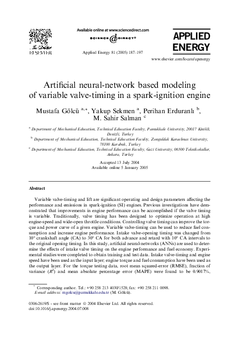 Pdf Artificial Neural Network Based Modeling Of Variable Valve Timing In A Spark Ignition Engine