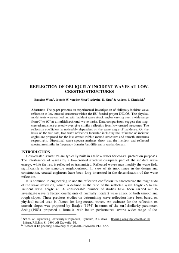 (PDF) Reflection of Obliquely Incident Waves at Low-Crested Structures