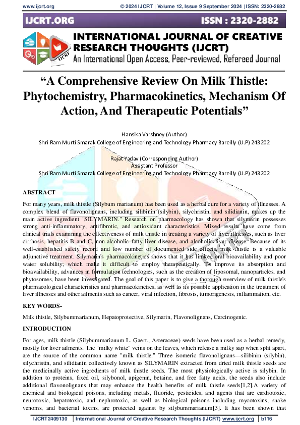 (PDF) "A Comprehensive Review On Milk Thistle: Phytochemistry, Pharmacokinetics, Mechanism Of ...