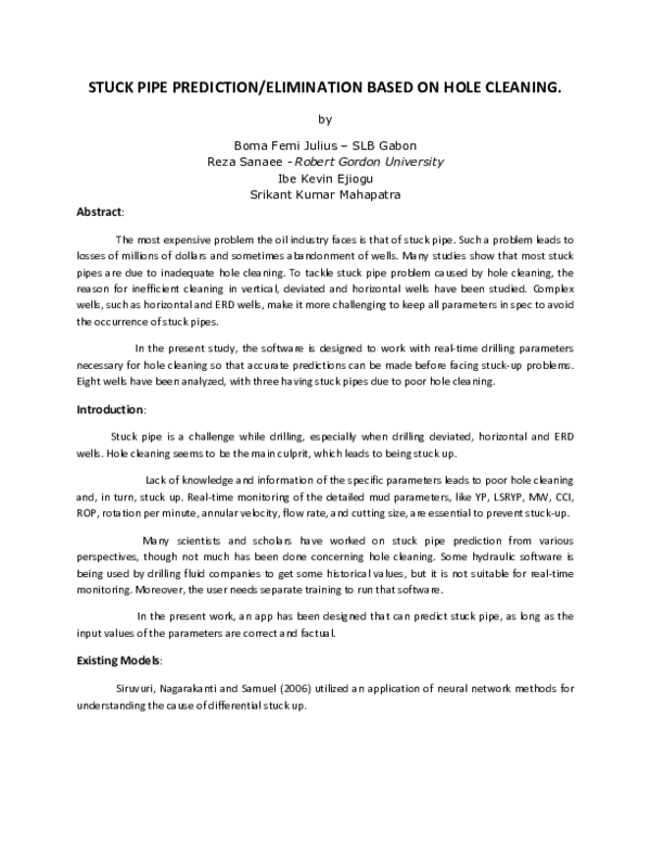 Pdf Stuck Pipe Predictionelimination Based On Hole Cleaning Boma F Julius