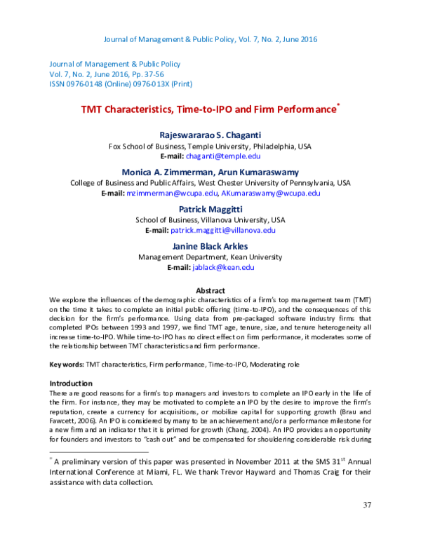 (PDF) TMT Characteristics, Time-to-IPO and Firm Performance