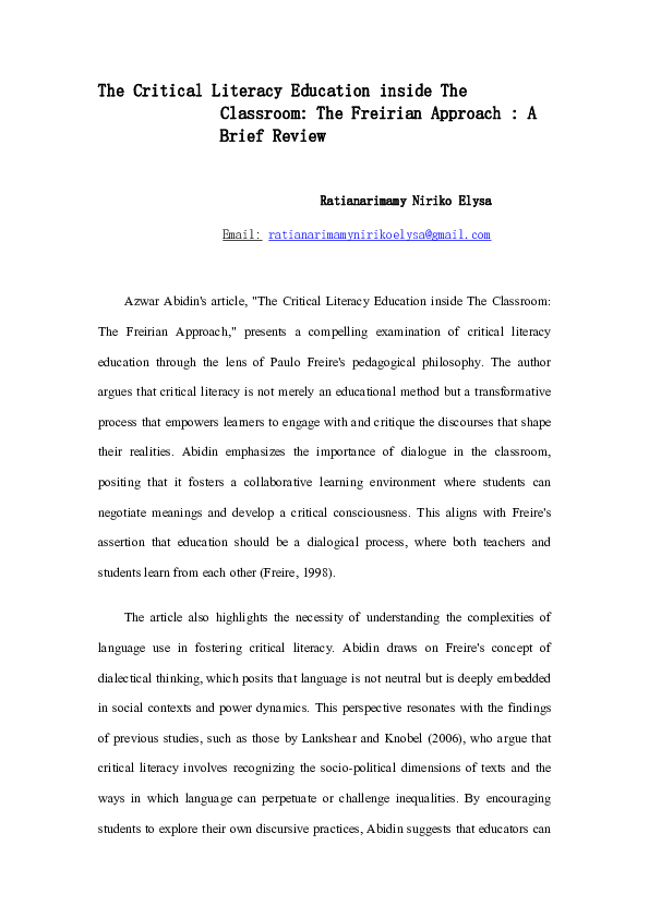 (PDF) The Critical Literacy Education inside The Classroom: The ...