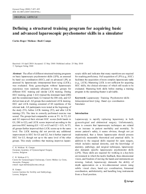 (PDF) Defining a structured training program for acquiring basic and advanced laparoscopic ...