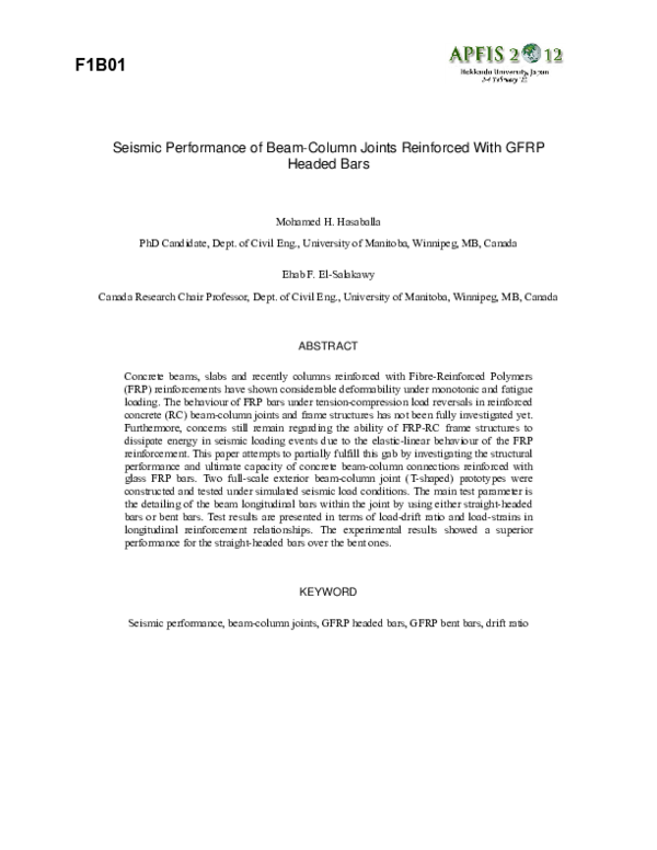 (PDF) Seismic Performance of Beam-Column Joints Reinforced With GFRP Headed Bars