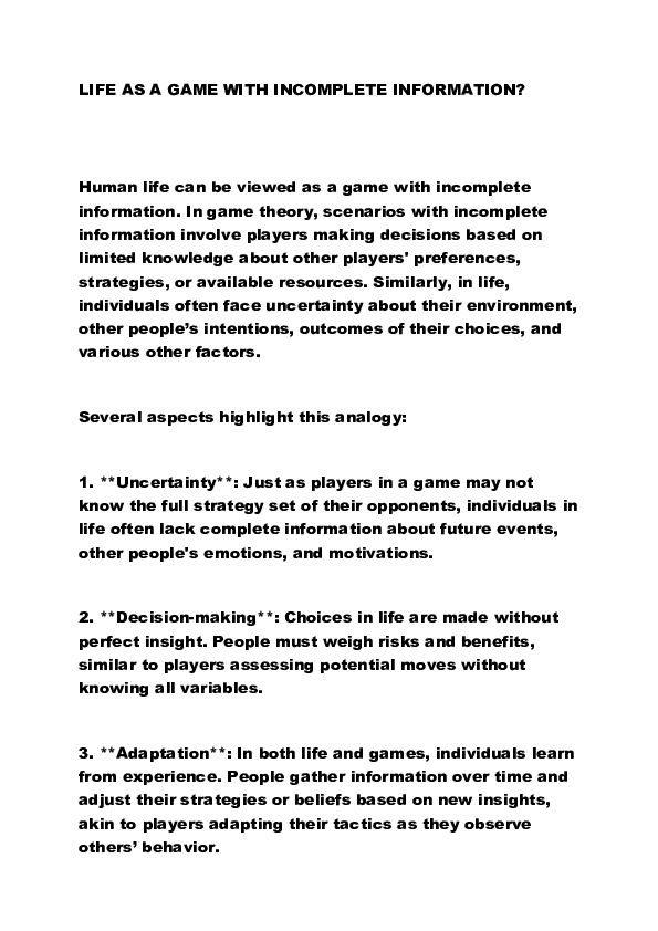 (PDF) LIFE as A GAME of INCOMPLETE INFORMATION?