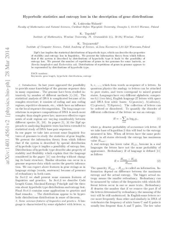 Pdf Hyperbolic Statistics And Entropy Loss In The Description Of Gene Distributions