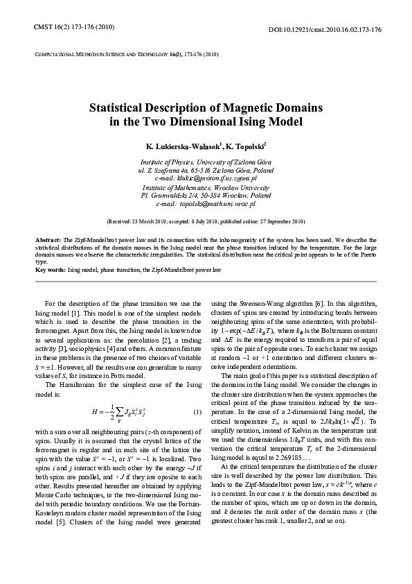 (PDF) Statistical Description of Magnetic Domains in the Two Dimensional Ising Model