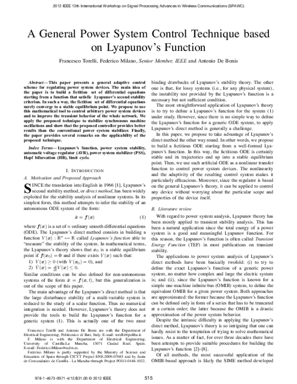 (PDF) A general power system control technique based on Lyapunov's function