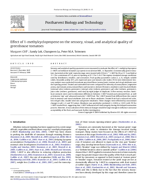 (PDF) Effect of 1-methylcyclopropene on the sensory, visual, and analytical quality of ...