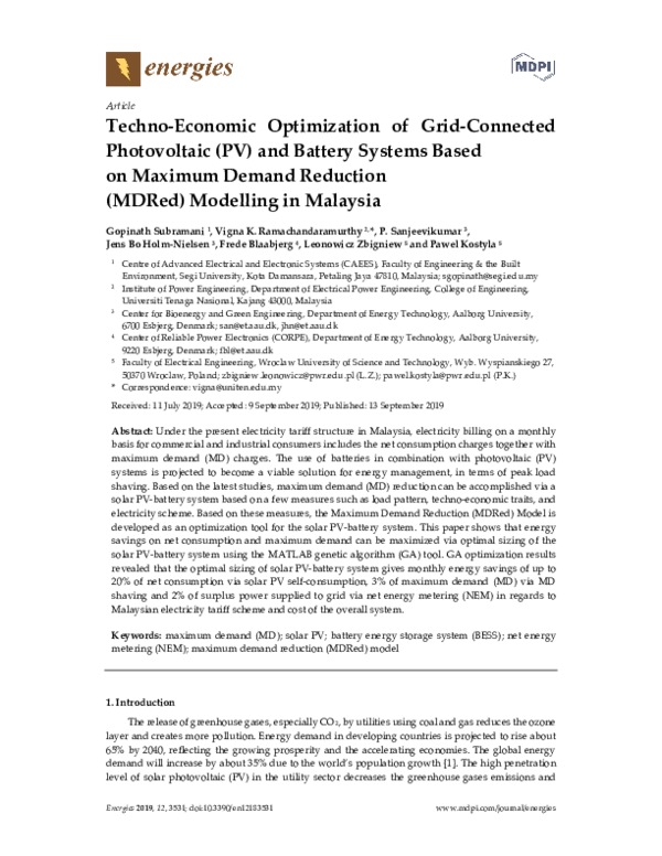 (PDF) Techno-Economic Optimization of Grid-Connected Photovoltaic (PV) and Battery Systems Based ...
