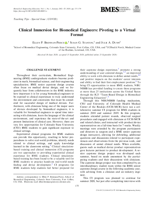 (PDF) Clinical Immersion for Biomedical Engineers: Pivoting to a Virtual Format