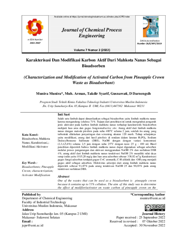 (PDF) Karakterisasi Dan Modifikasi Karbon Aktif Dari Mahkota Nanas Sebagai Bioadsorben