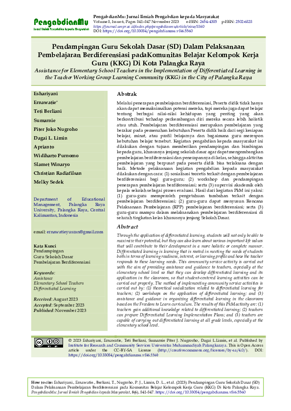 (PDF) Pendampingan Guru Sekolah Dasar Dalam Pelaksanaan Pembelajaran Berdiferensiasi pada ...