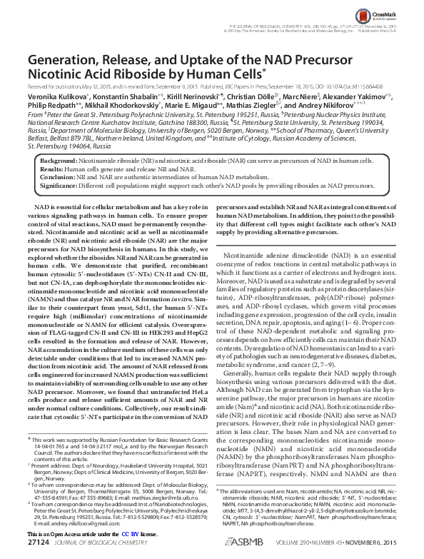 (PDF) Generation, Release, and Uptake of the NAD Precursor Nicotinic Acid Riboside by Human Cells
