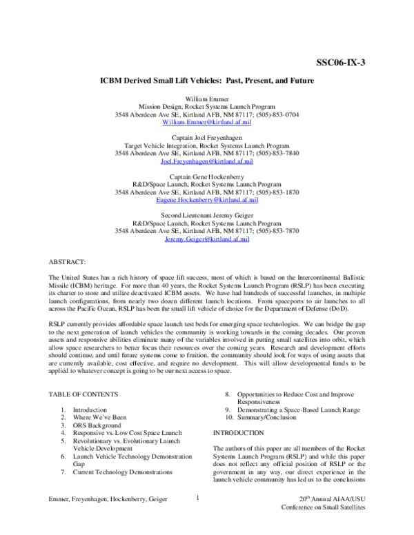 (PDF) ICBM Derived Small Lift Vehicles: Past, Present, and Future