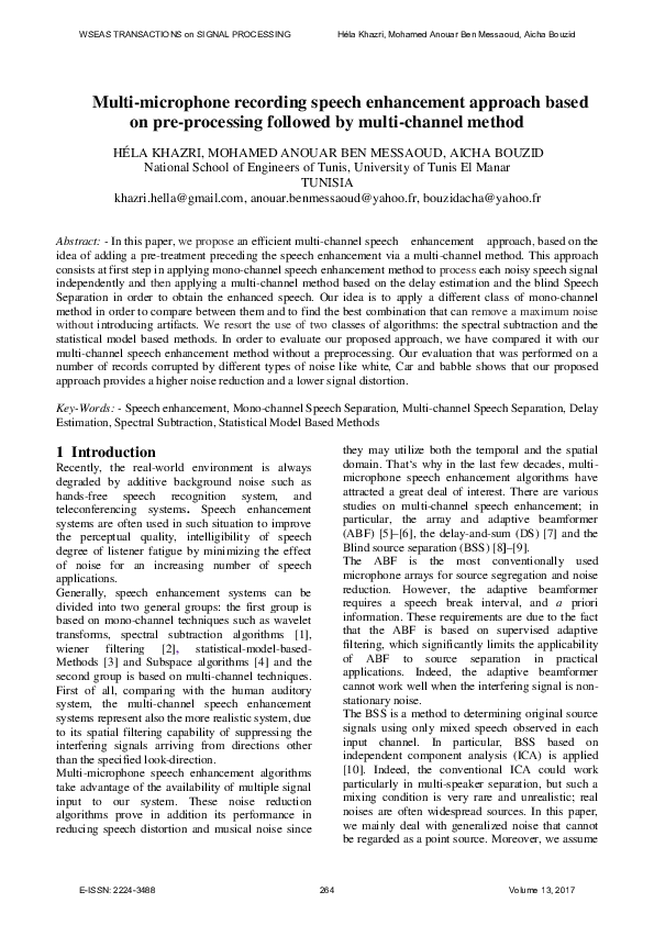 (PDF) Multi-Microphone Recording Speech Enhancement Approach Based on Pre-Processing Followed by ...