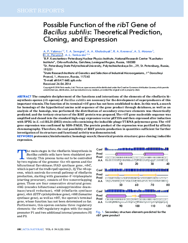 (PDF) Possible Function of the ribT Gene of Bacillus subtilis: Theoretical Prediction, Cloning ...