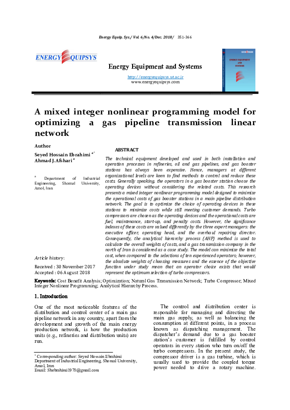 (PDF) A mixed integer nonlinear programming model for optimizing a gas pipeline transmission ...