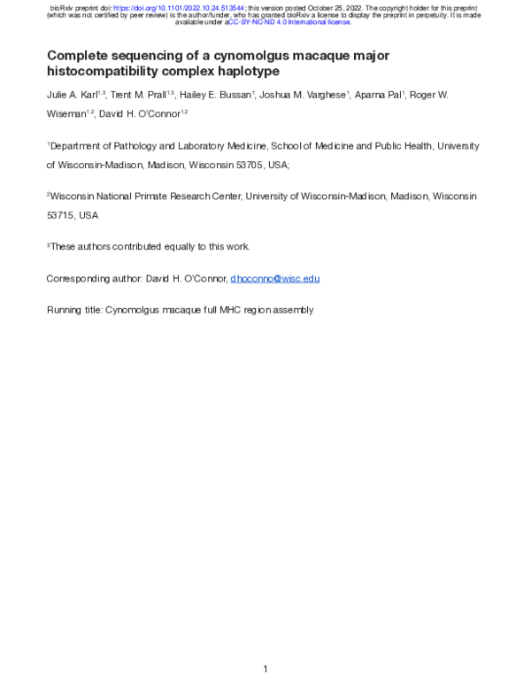 (PDF) Complete sequencing of a cynomolgus macaque major ...