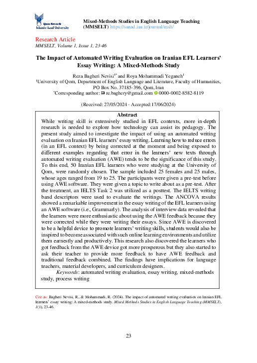 (PDF) The Impact of Automated Writing Evaluation on Iranian EFL Learners’ Essay Writing: A Mixed ...