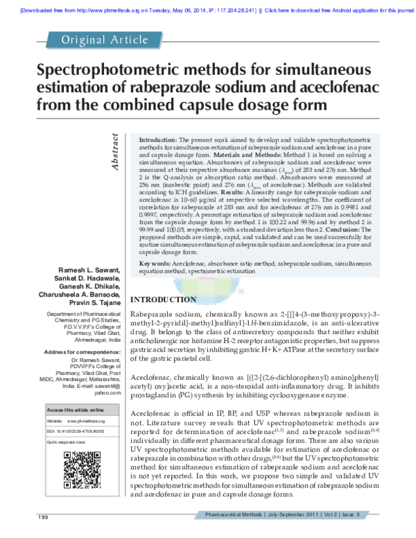 Pdf Spectrophotometric Methods For Simultaneous Estimation Of