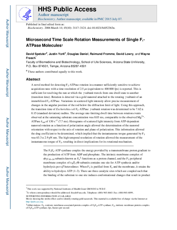 (PDF) Microsecond Time Scale Rotation Measurements of Single F1-ATPase Molecules | Wayne Frasch ...