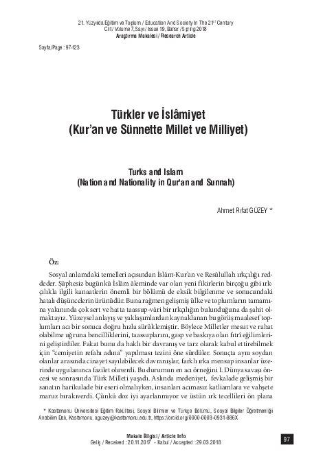 (PDF) Türkler ve İslâmiyet (Kur’an ve Sünnette Millet ve Milliyet)