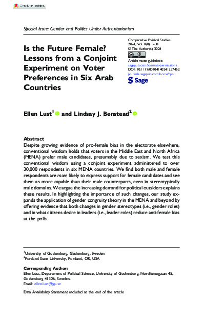 (PDF) Ellen Lust and Lindsay J. Benstead. 2024. “Is the Future Female? Lessons from a Conjoint ...