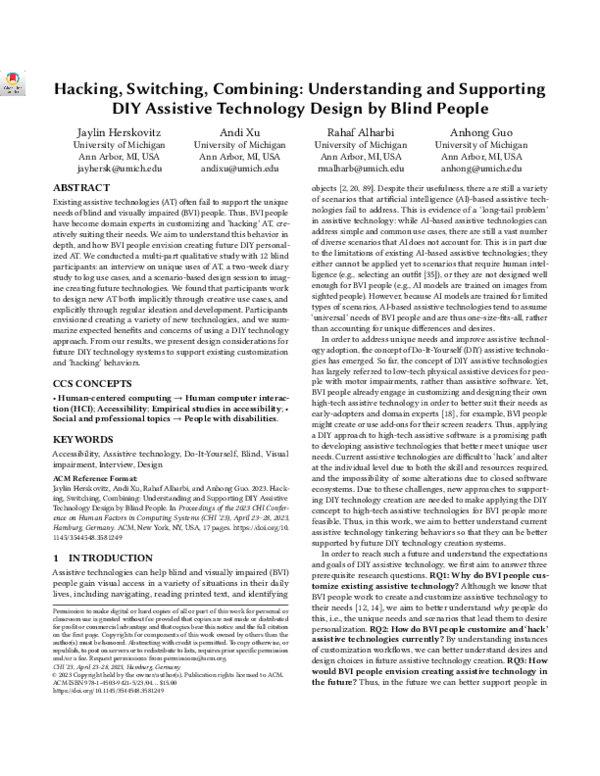 (PDF) Hacking, Switching, Combining: Understanding and Supporting DIY Assistive Technology ...
