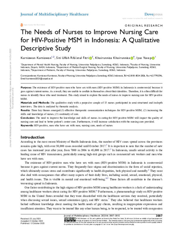 (PDF) The Needs of Nurses to Improve Nursing Care for HIV-Positive MSM in Indonesia: A ...