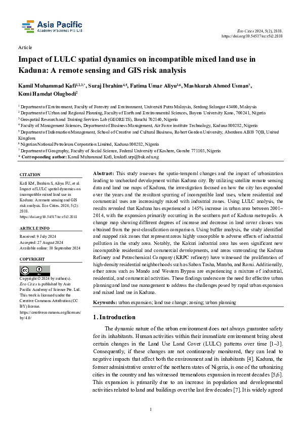 (PDF) Impact of LULC spatial dynamics on incompatible mixed land use in Kaduna: A remote sensing ...