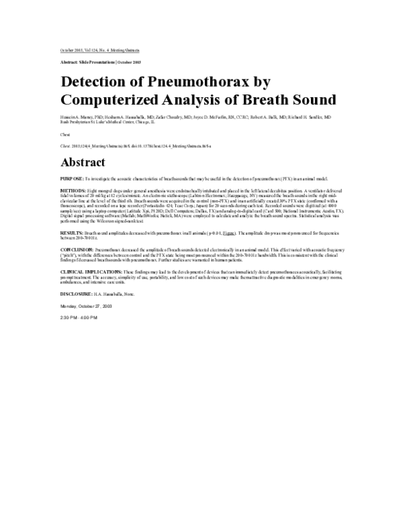 (PDF) Detection of Pneumothorax by Computerized Analysis of Breath Sounds