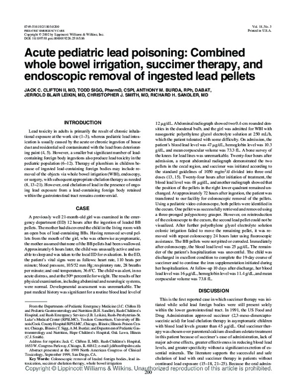 (PDF) Acute pediatric lead poisoning: Combined whole bowel irrigation, succimer therapy, and ...