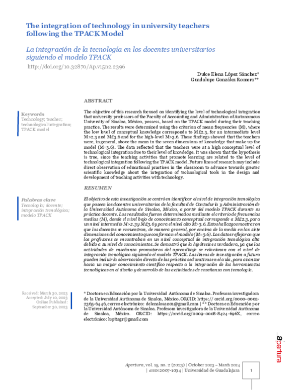 (PDF) The integration of technology in university teachers following ...