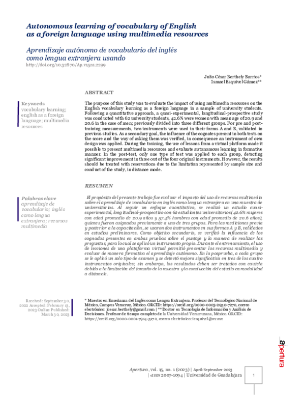 (PDF) Autonomous learning of vocabulary of English as a foreign language using multimedia resources