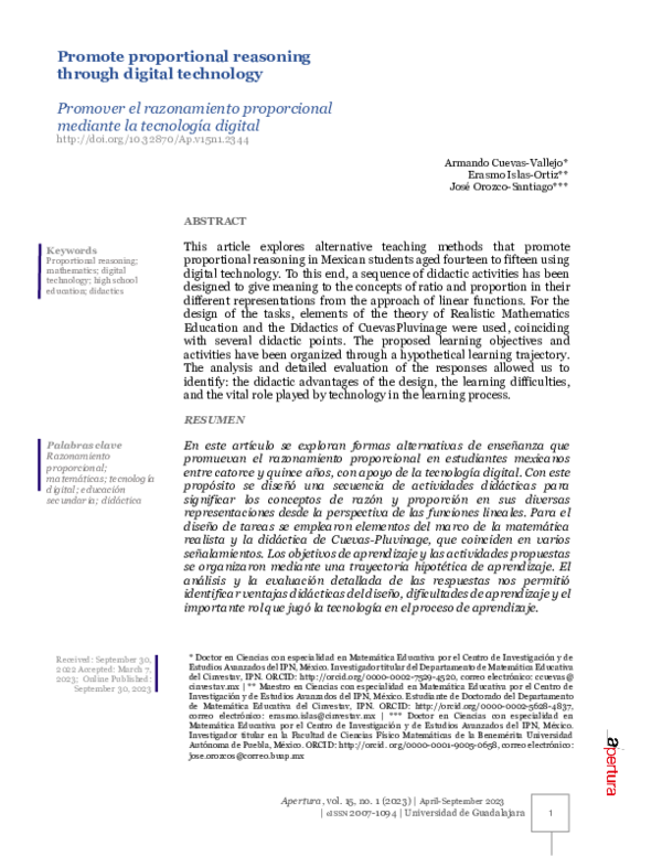 (PDF) Promote proportional reasoning through digital technology