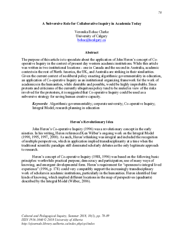 (PDF) A Subversive Role for Collaborative Inquiry in Academia Today