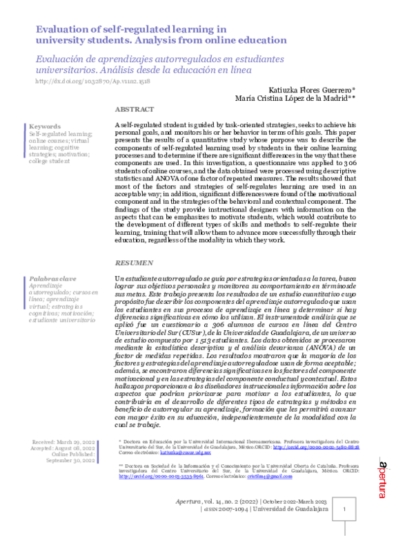 (PDF) Evaluation of self-regulated learning in university students ...