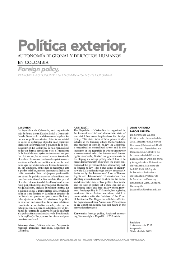 (PDF) Política exterior, autonomía regional y derechos humanos en colombia