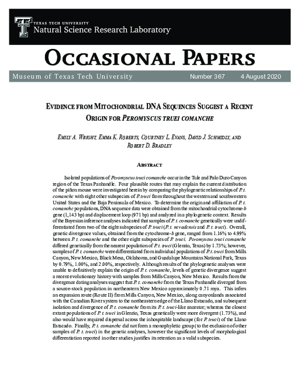 (PDF) Recent Origin of Peromyscus truei comanche via Mitochondrial DNA